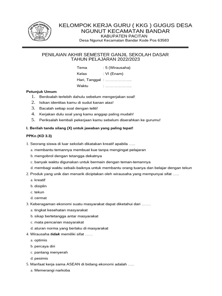 Soal PAS Kelas 6 Semester 1 Tema 5 Tahun 2022 | PDF