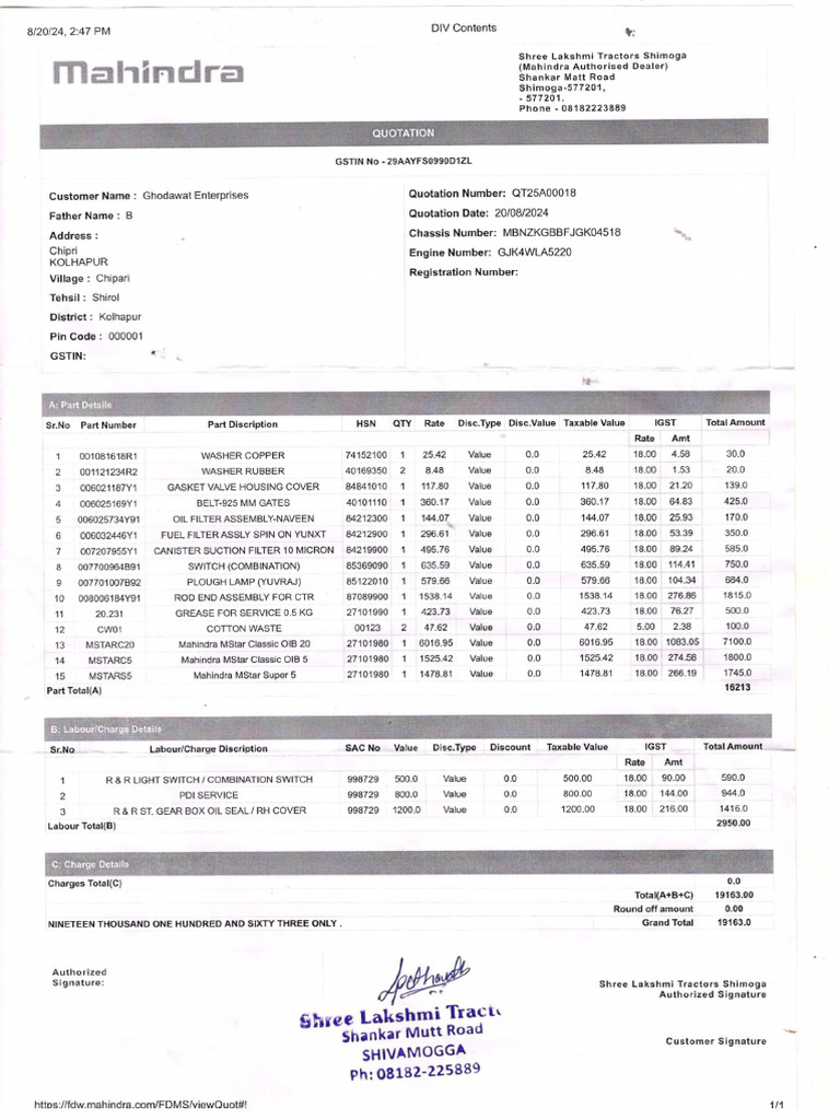 Tractor Quotation (RQY Station) | PDF