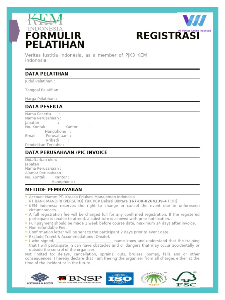 Formulir Pendaftaran Pelatihan K3 | PDF