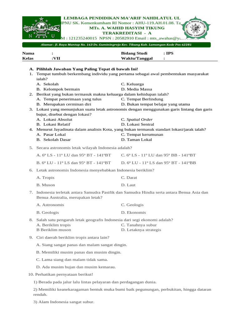 Soal Uts Ips Kelas Vii 2023 | PDF | Indonesia | Travel