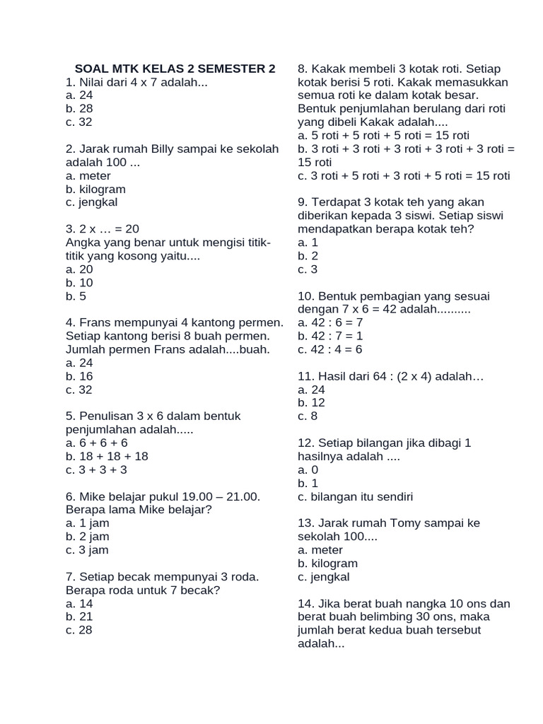 Soal PTS MTK Kelas 2 Sem 2 | PDF