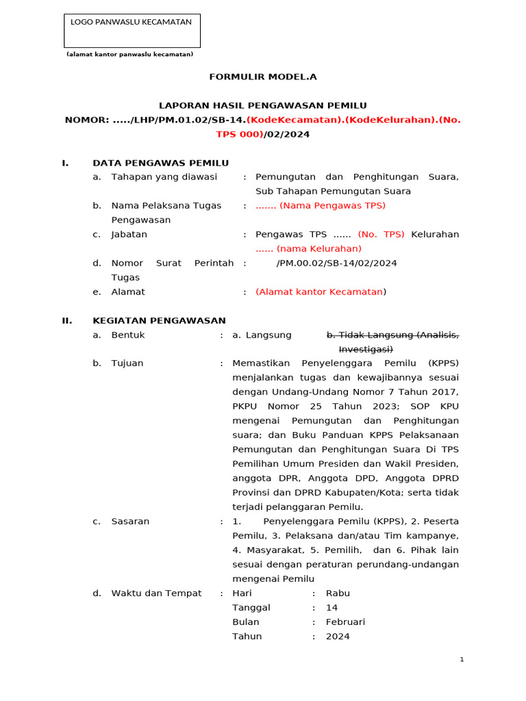 Formulir Model A PTPS (Pemungutan Suara) 14 Feb 2024 | PDF