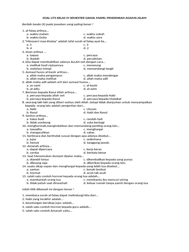 Soal Uts KLS 4 | PDF | Quran | Islam