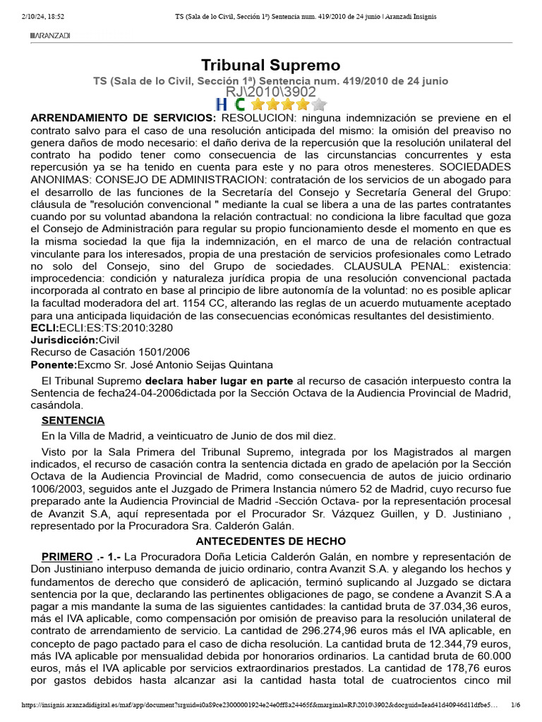 TS (Sala de Lo Civil, Sección 1 ) Sentencia Num. 419 - 2010 de 24 Junio - Aranzadi Insignis | PDF