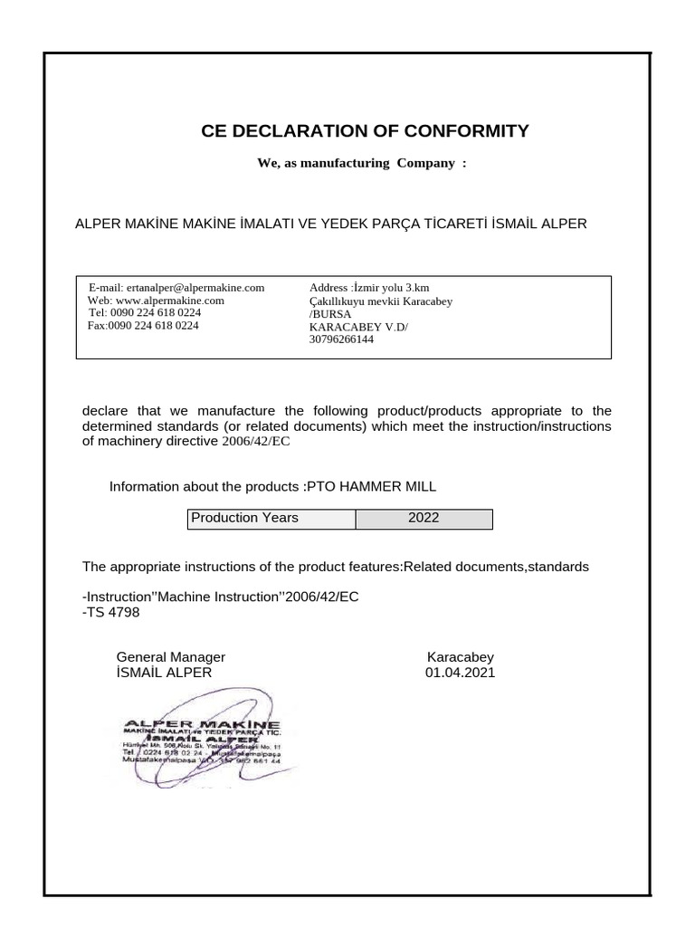 Ce Declaration of Conformity Moara | PDF