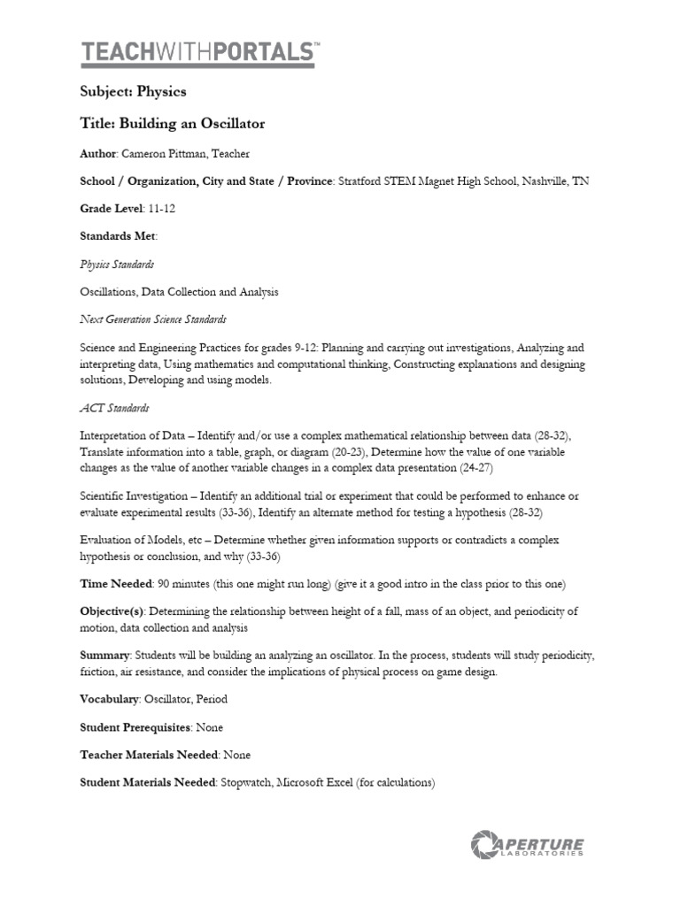 Portal 2 Lesson Plan Building An Oscillator - Final1 | PDF