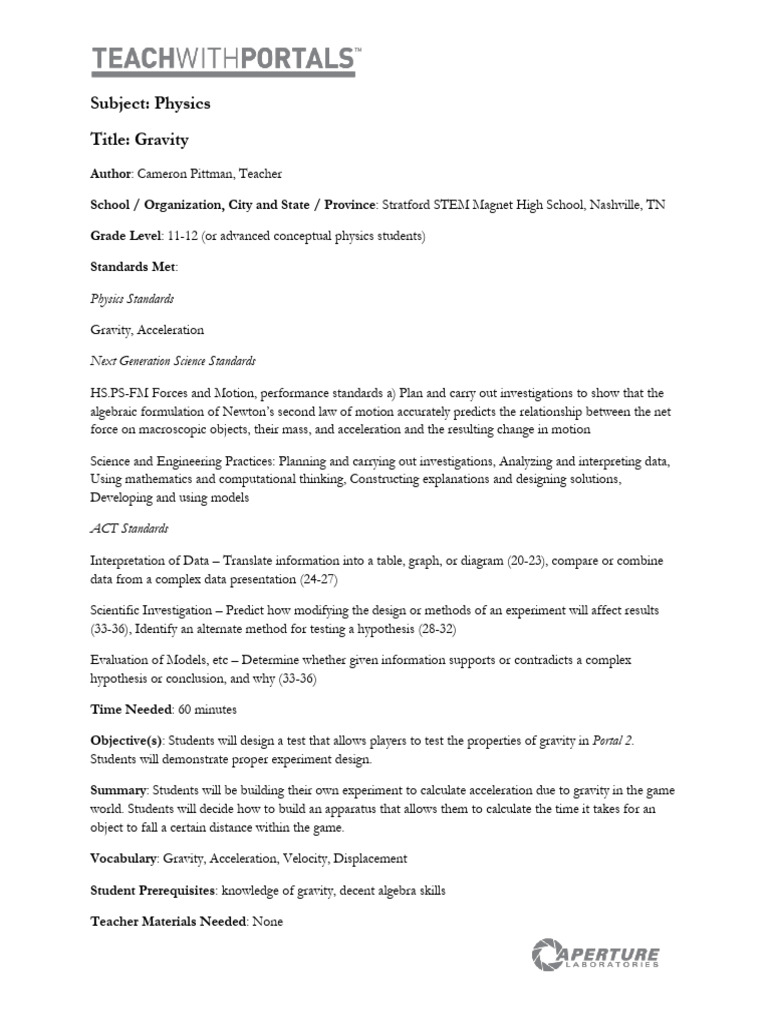 portal-2-lesson-plan--Gravity_CP1 | PDF