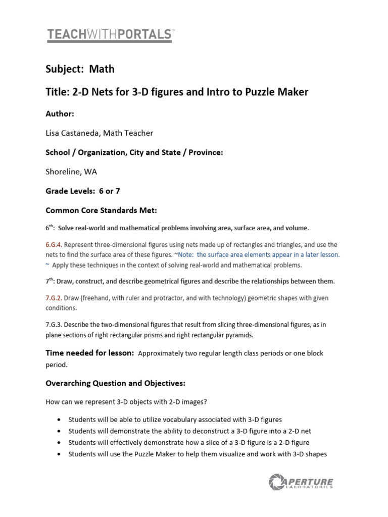 Portal 2 Lesson Plan 2D Nets For 3D Figures and Intro To Puzzle Maker ...