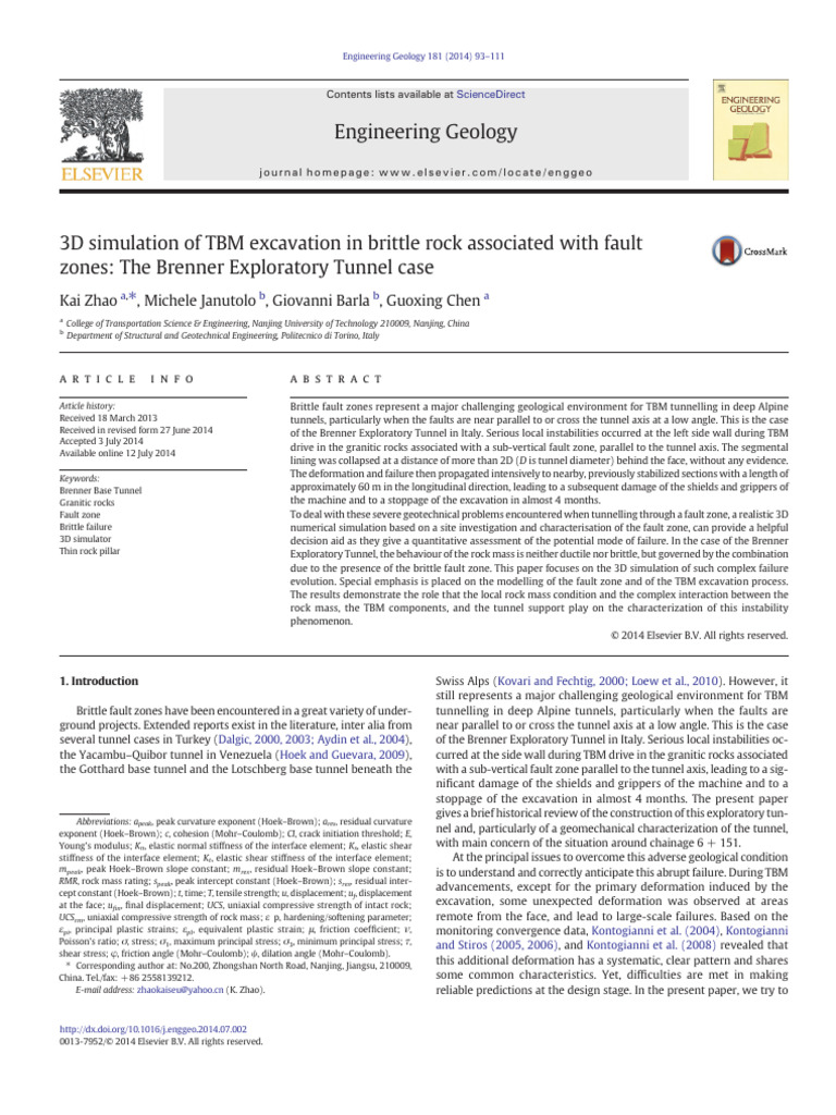 3D Simulation of TBM Excavation in Brittle Rock Associated With Fault | PDF