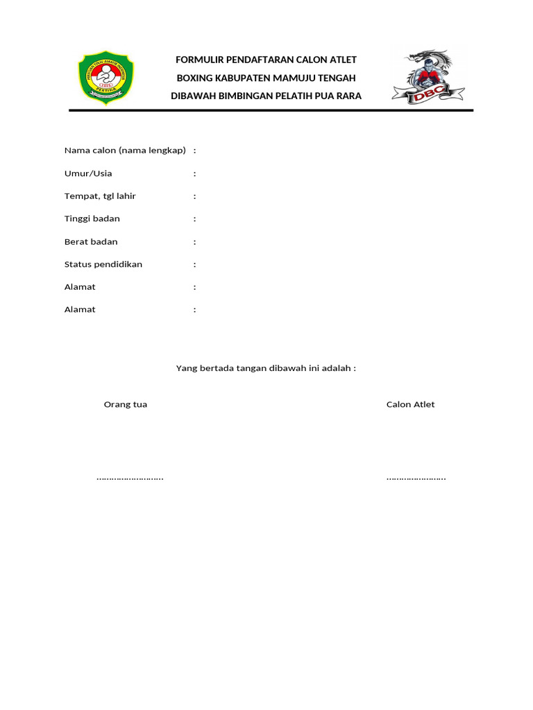 Formulir Pendaftaran Calon Atlet | PDF