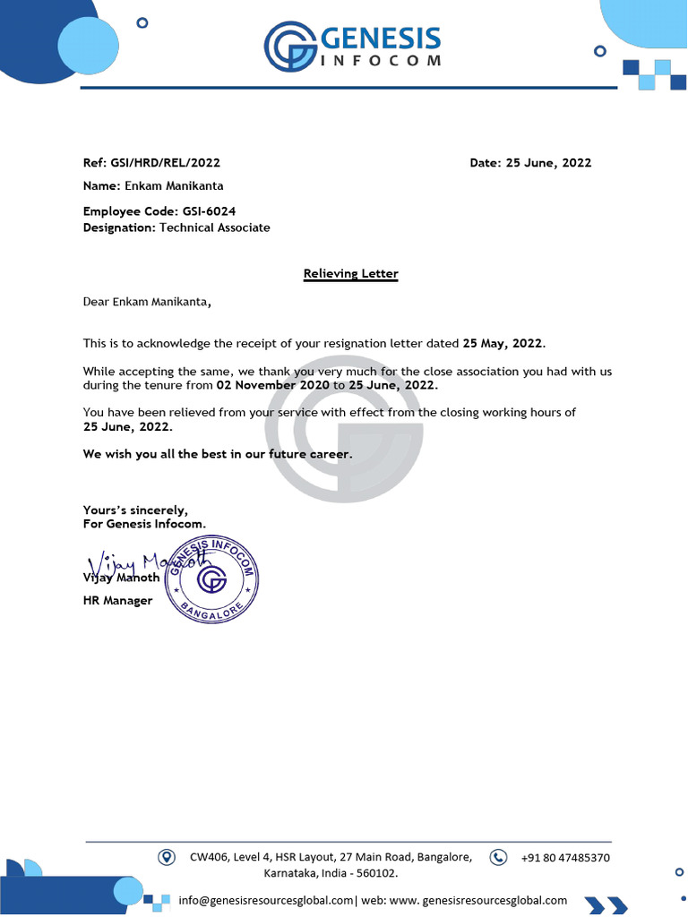 Genesis Relieving Letter | PDF