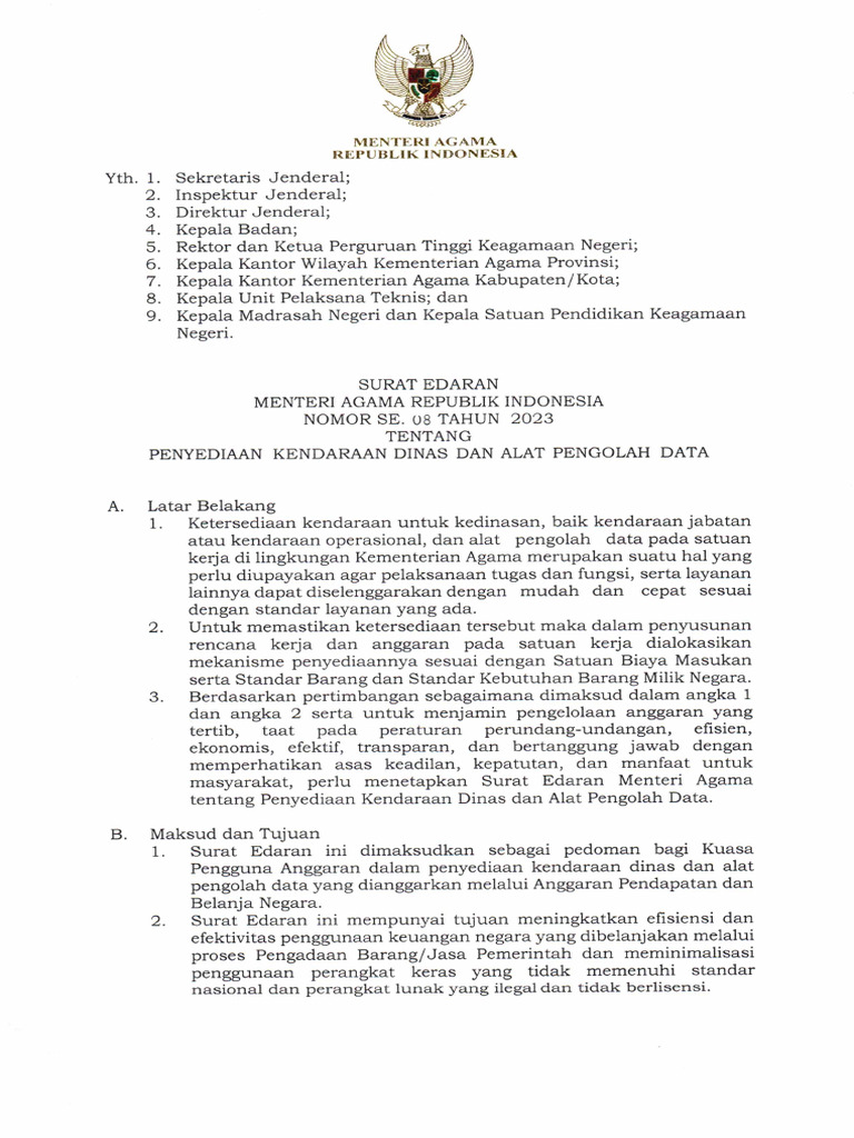 SE 08 Tahun 2023 TTG Penyediaan Kendaraan Dinas Dan Alat Pengolah Data ...