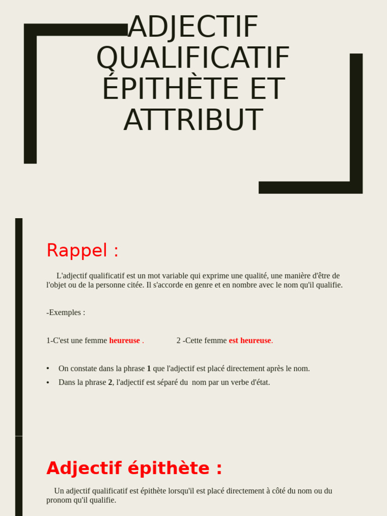 Adjectif Qualificatif Épithète Et Attribut | PDF
