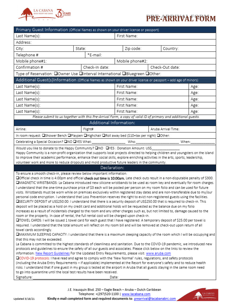 Pre Arrival Form | PDF