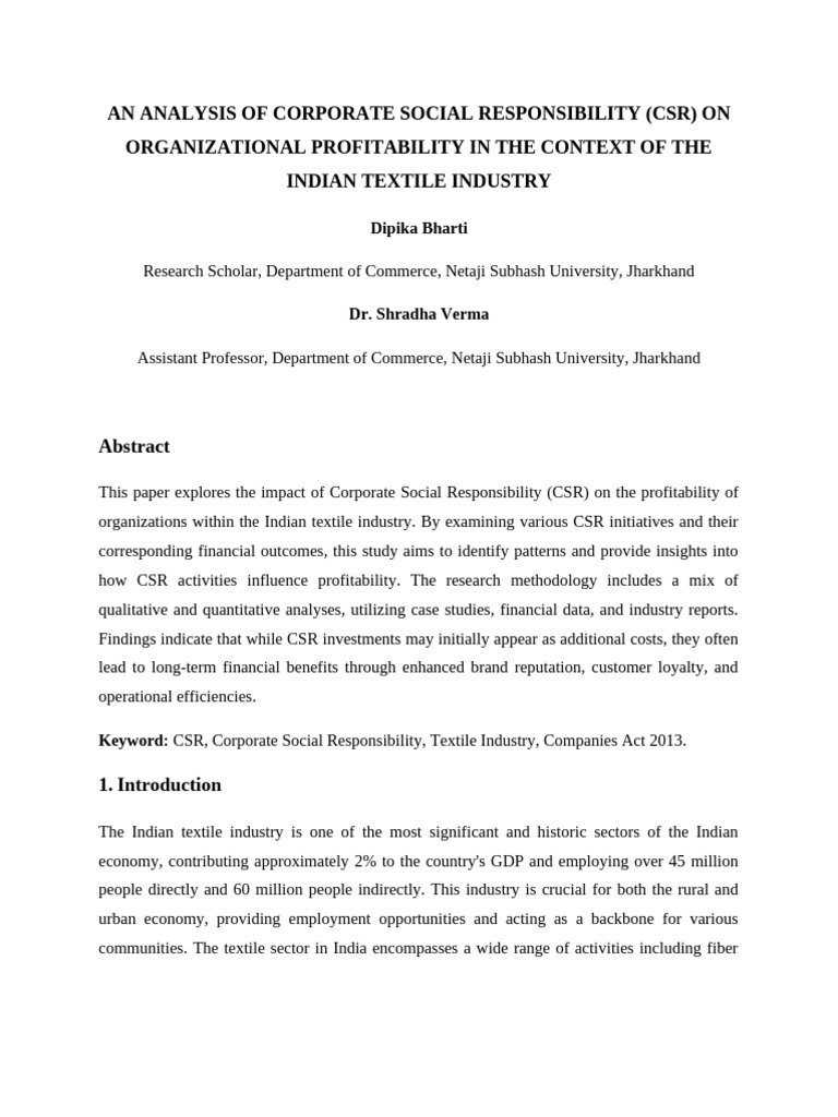 AN ANALYSIS OF CSR ON ORGANIZATIONAL PROFITABILITY IN THE CONTEXT OF THE INDIAN TEXTILE INDUSTRY ...