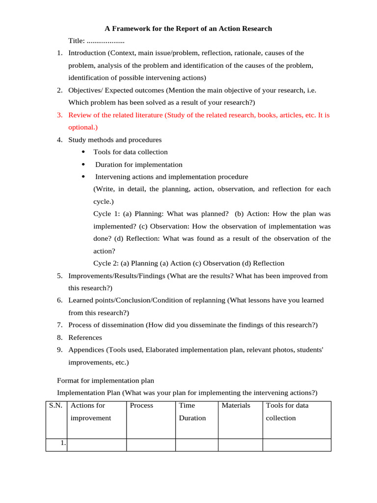 Framework For Action Research Report | PDF
