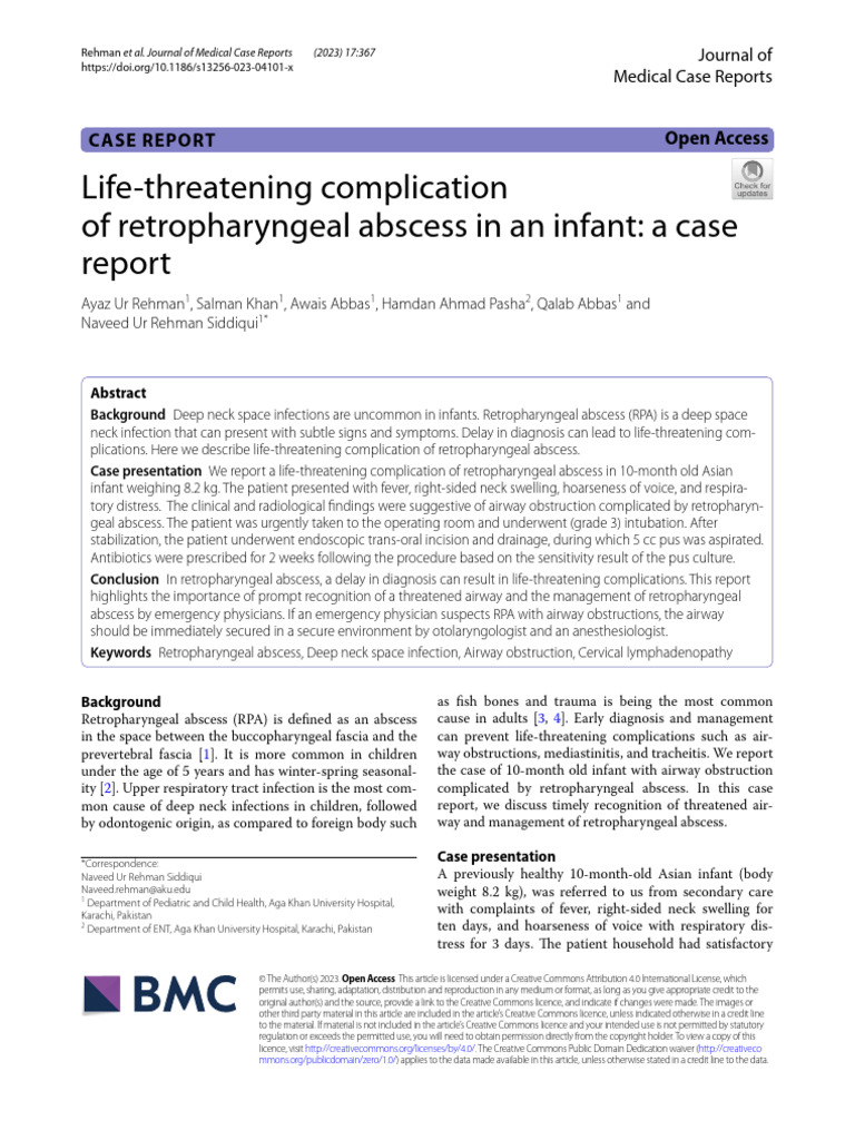 Life-Threatening Complication of Retropharyngeal Abscess in An Infant: A Case | PDF