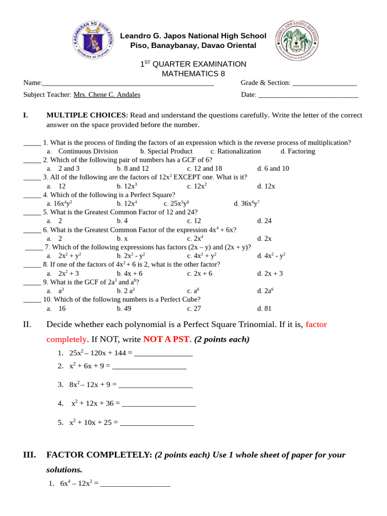 1st QE_Math8 | PDF