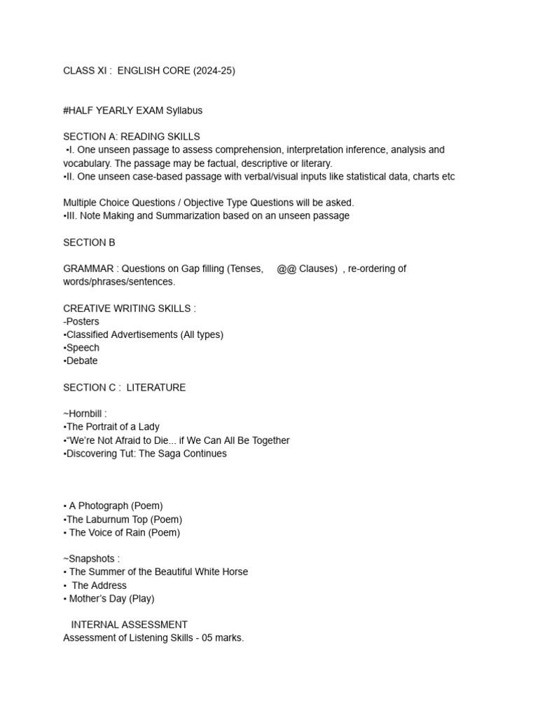 Class XI Syllabus - Eng HY (2024-25) | PDF