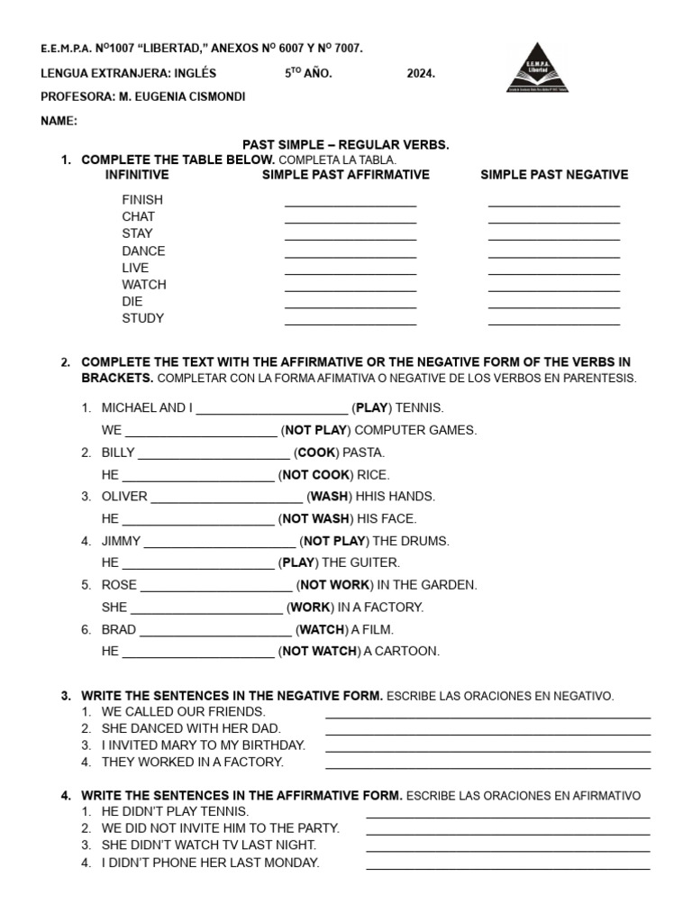 5to Regular Verbs Affirmative and Negative (1) | PDF