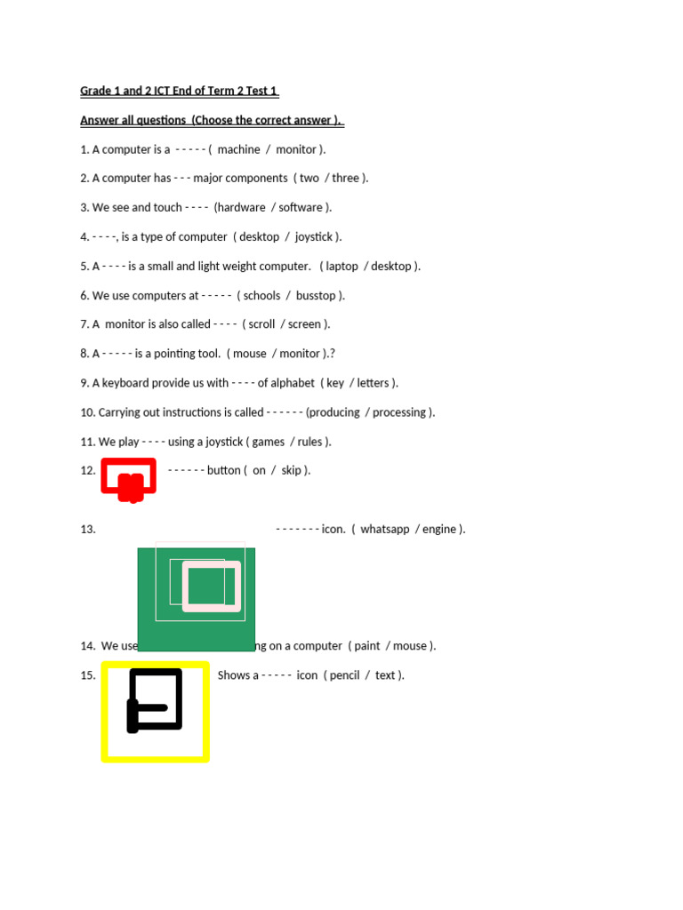 Grade 1 and 2 ICT End of Term 2 Test 1 | PDF