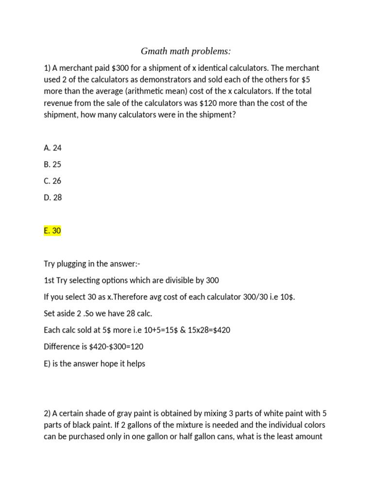 Gmath math problems | PDF