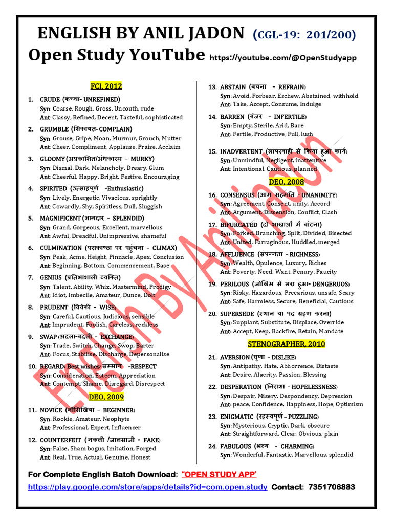 340+ Vocabulary Synonyms and Antonyms 3400+ Vocab by ANIL JADON | PDF