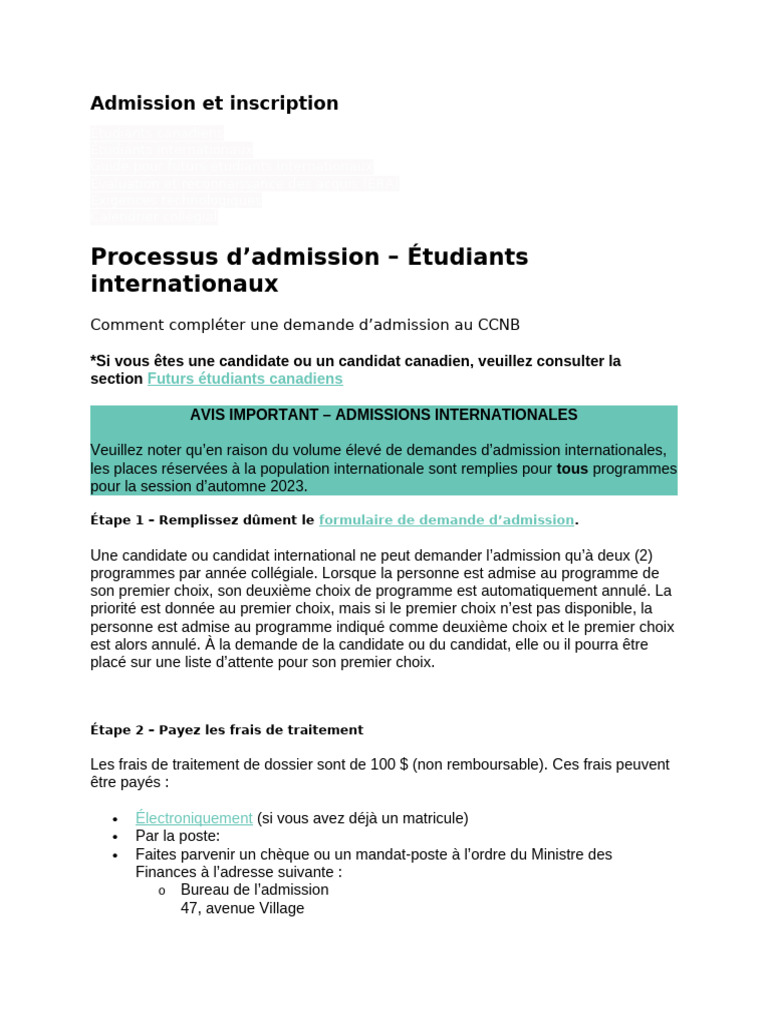 Processus D'admission - Étudiants Internationaux | PDF