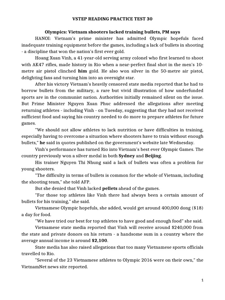VSTEP READING PRACTICE TEST 30 - Olympics-Vietnam Shooters Lacked ...