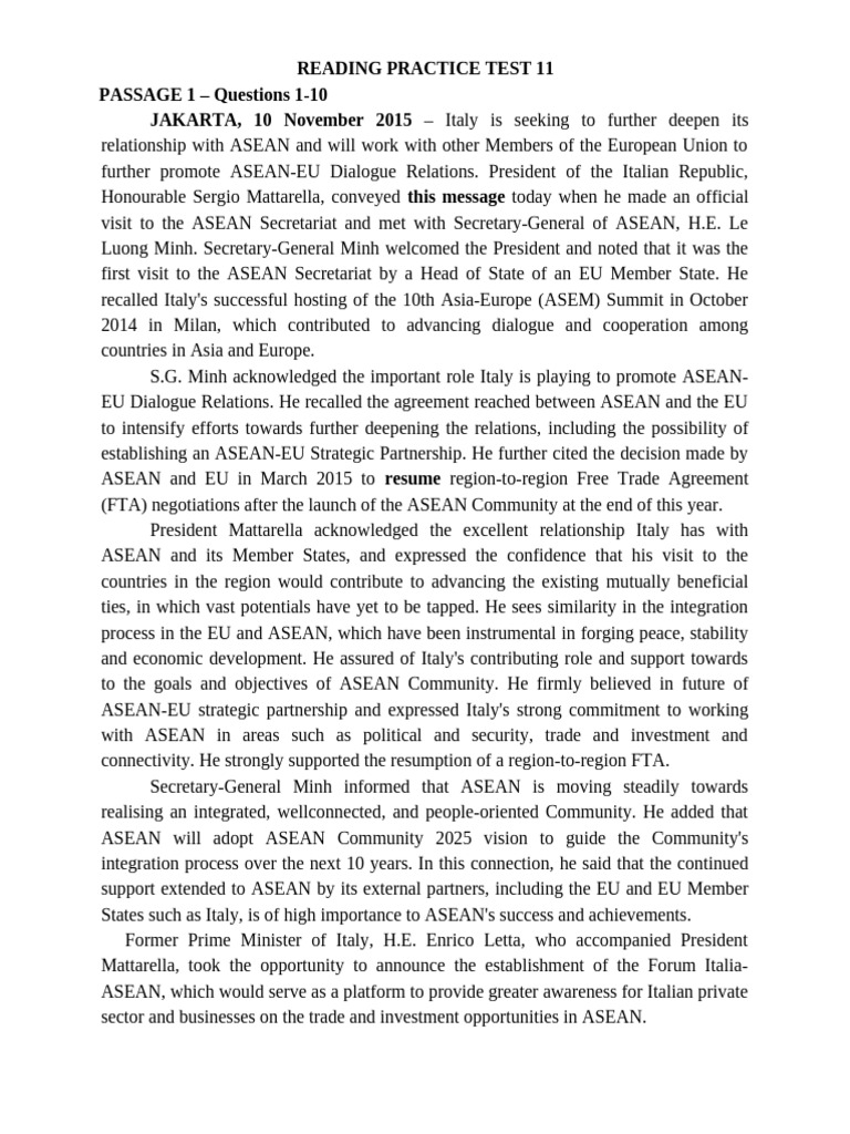 VSTEP READING PRACTICE TEST 11 - JAKARTA, 10 November 2015 | PDF