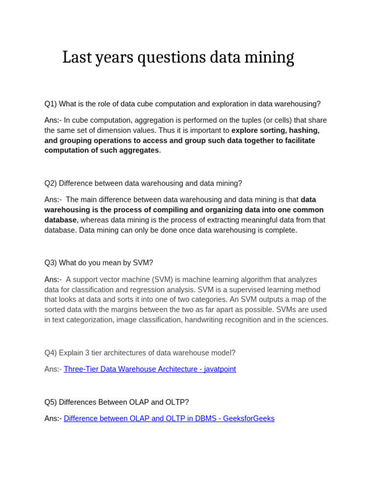 Data Mining & Warehousing Q&A | PDF | Data Mining | Data Warehouse