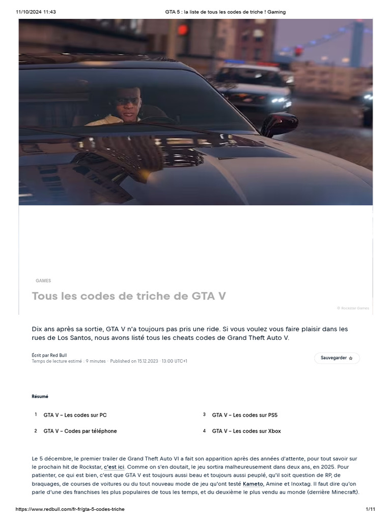 GTA 5 - La Liste de Tous Les Codes de Triche ! Gaming | PDF