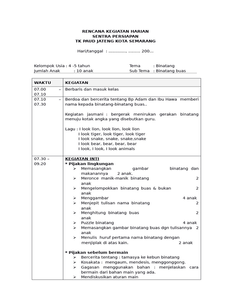Contoh RKH Sentra Persiapan Paud | PDF