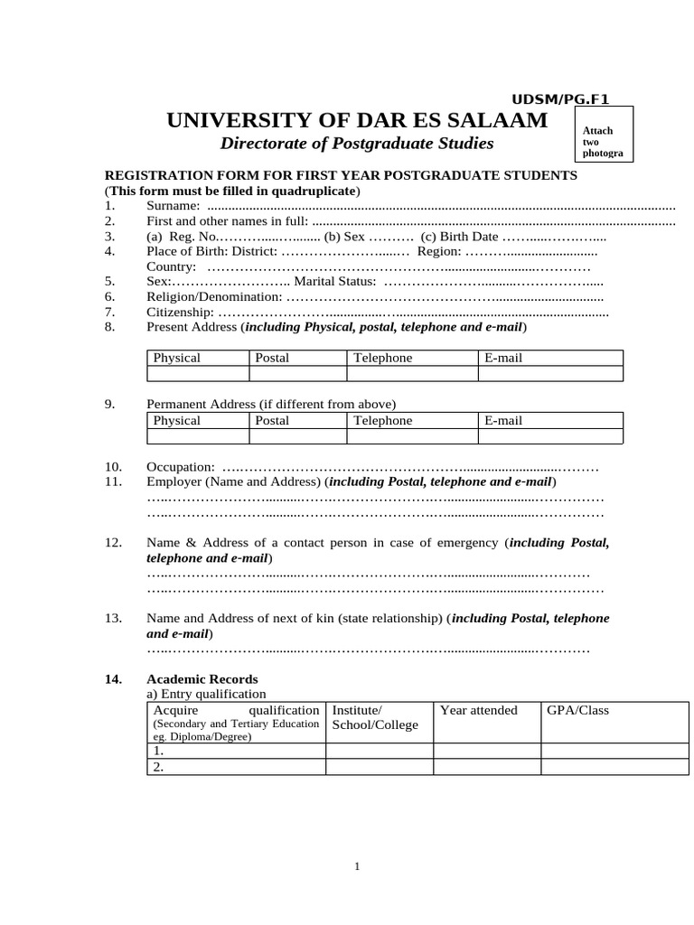 PG.F1. Registration Form For First Year Postgraduate Students | PDF