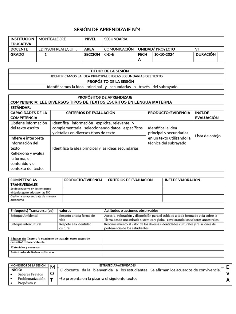 Sesion de Aprendizaje #4 3° Sec | PDF
