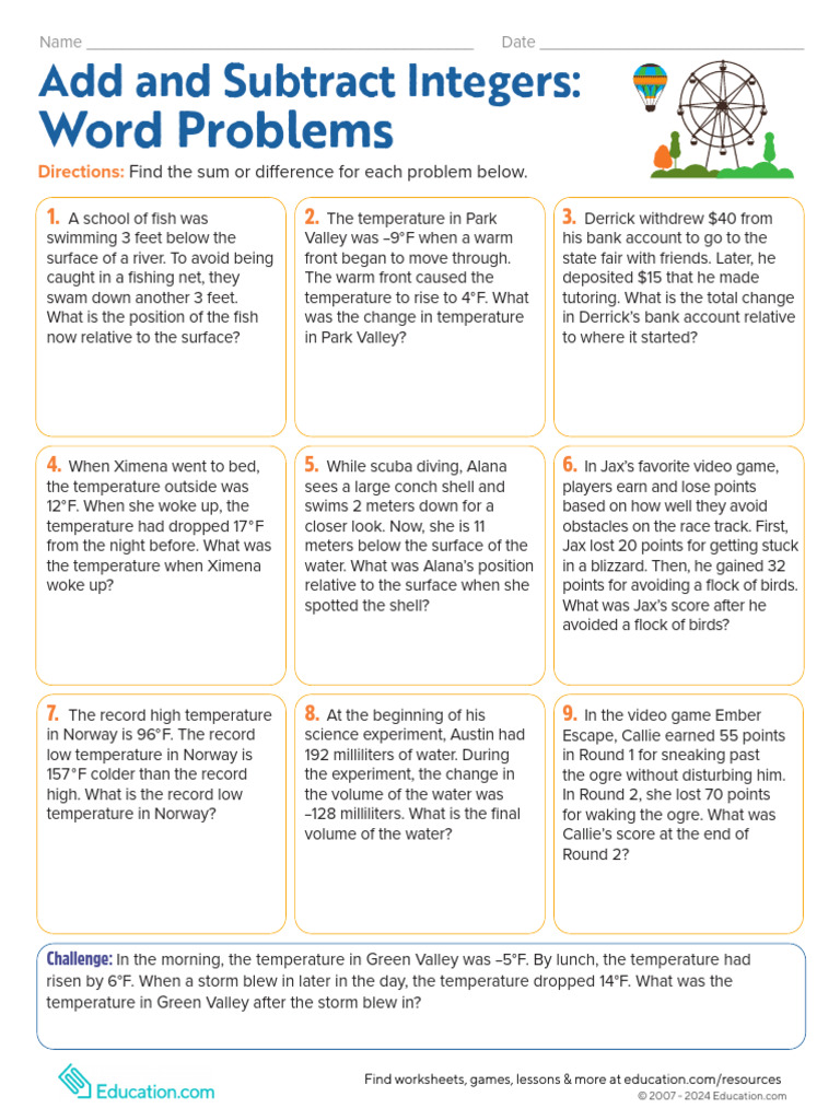 Add and Subtract Integers Word Problems | PDF | Physical Geography