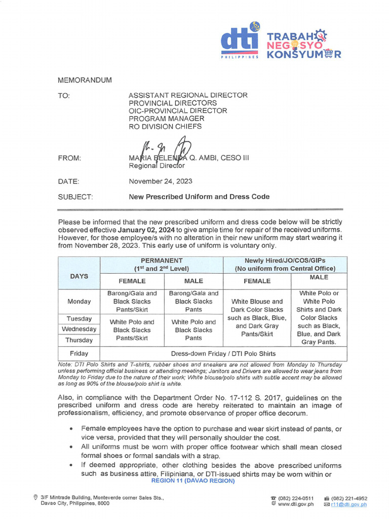 Memo - New Prescribed Uniform and Dress | PDF