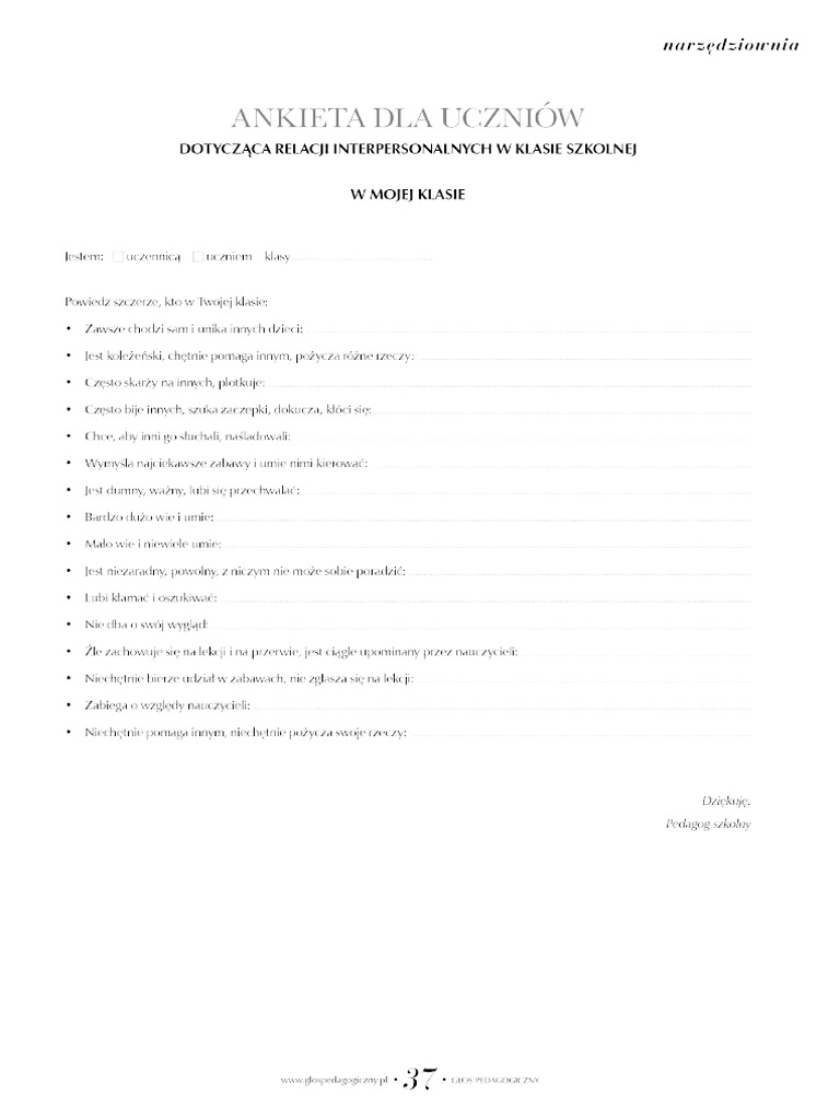 Ankieta Dla Uczniów Dotycząca Relacji Interpersonalnych W Klasie Szkolnej | PDF