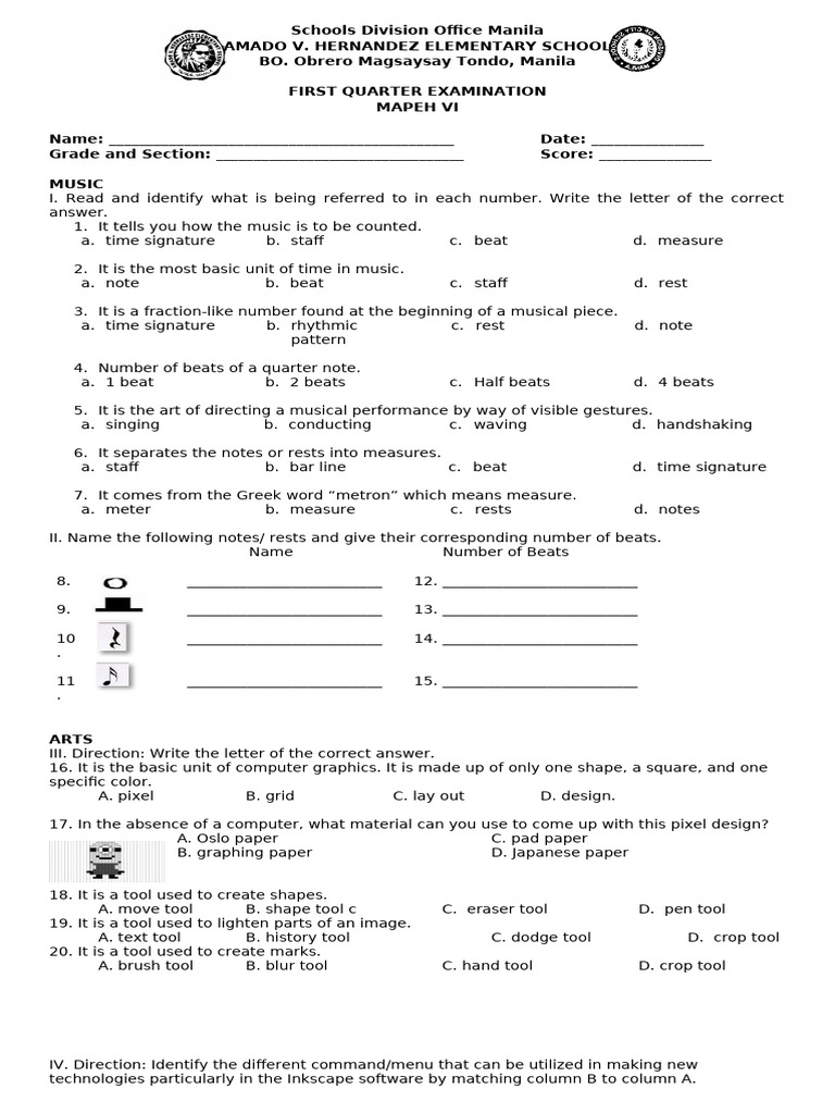 First Quarter Exam - (Mapeh6) | PDF