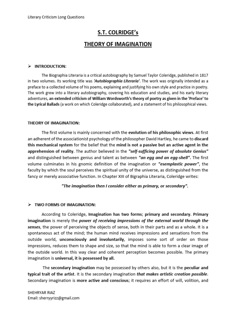 BiographiaLiterariaColeridge Theory of Imagination | PDF