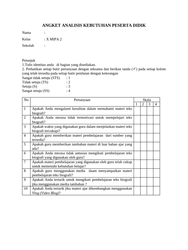 Angket Analisis Kebutuhan Peserta Didik | PDF