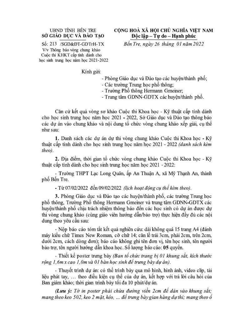 CV Thong Bao Cuoc Thi KHKT-Vong Chung Khao 2021 - 2022 | PDF