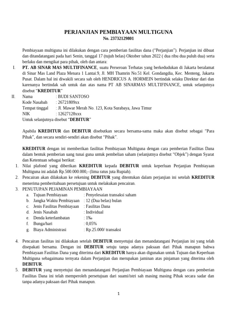 Perjanjian Pembiayaan Multiguna 2022 | PDF | Bisnis | Pengelolaan ...