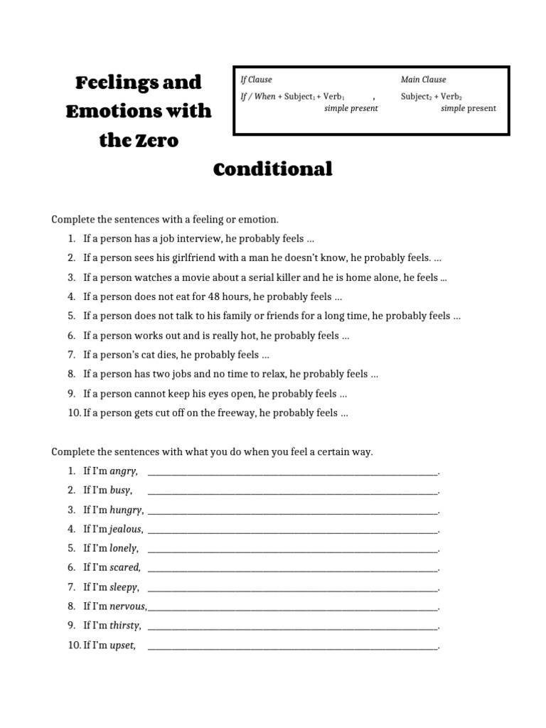 Zero Conditional With Feelings and Emotions Activities With Music Songs ...
