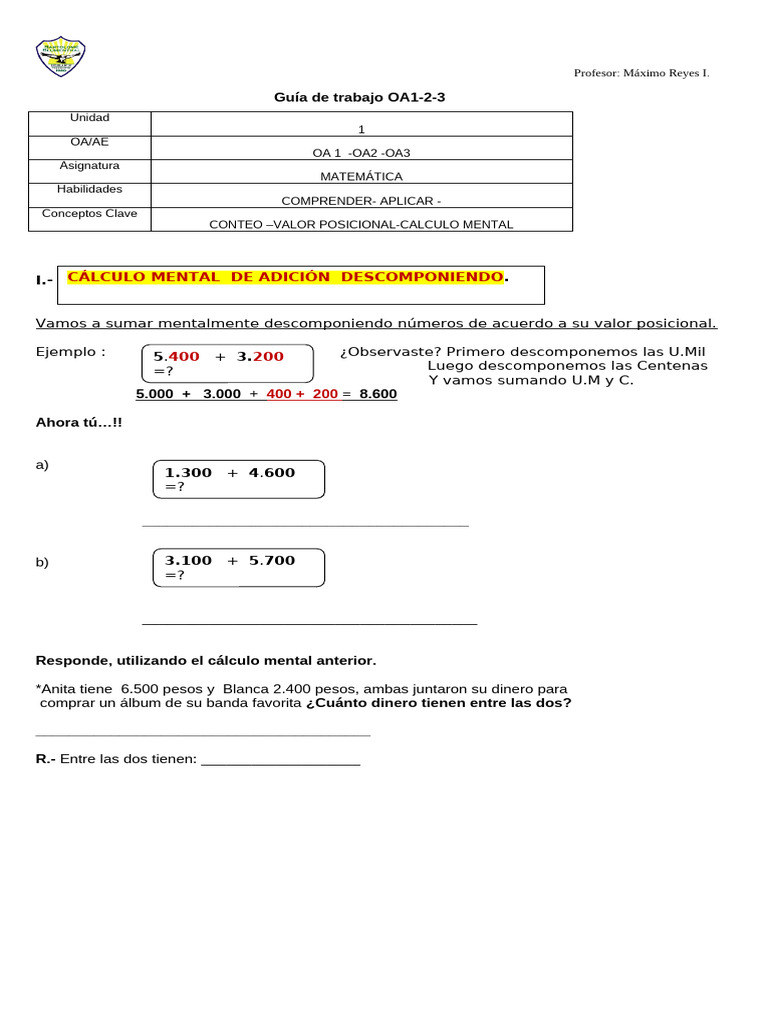 4tos Matematica Guía. | PDF