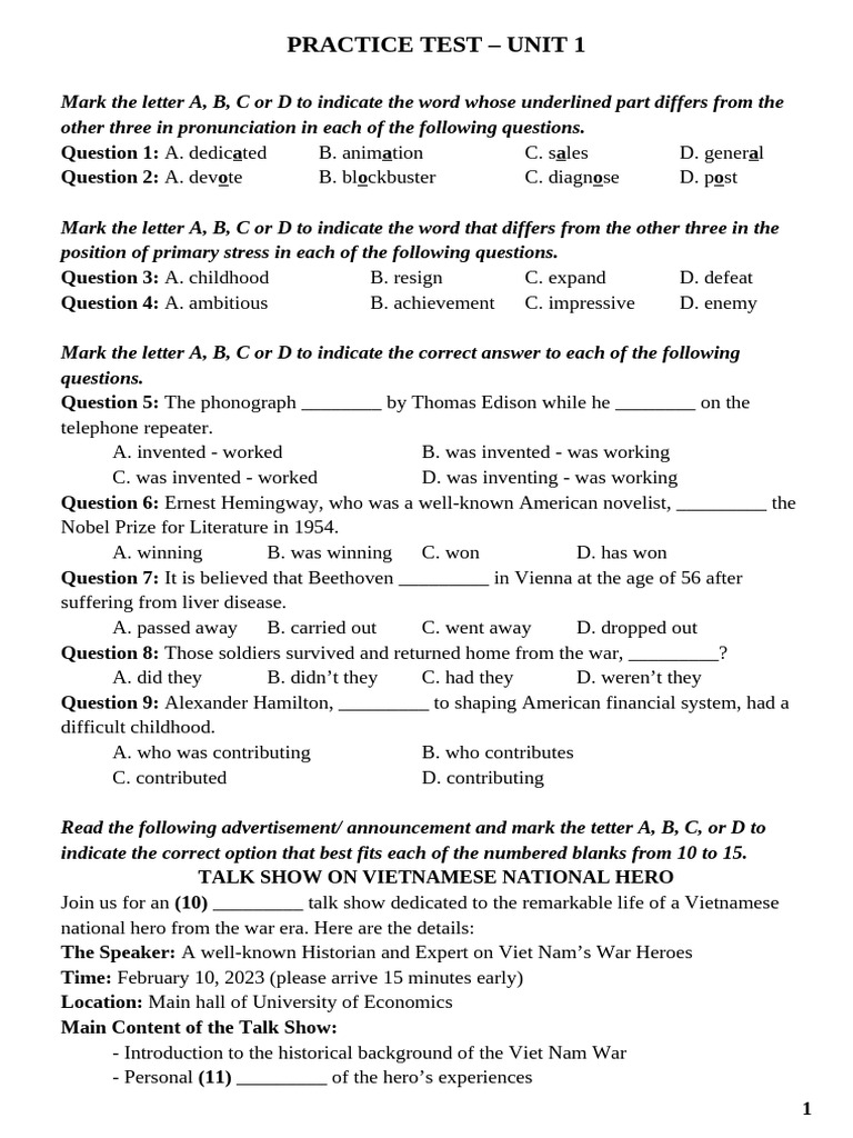 PRACTICE TEST - UNIT 1 Global sucess 12 | PDF