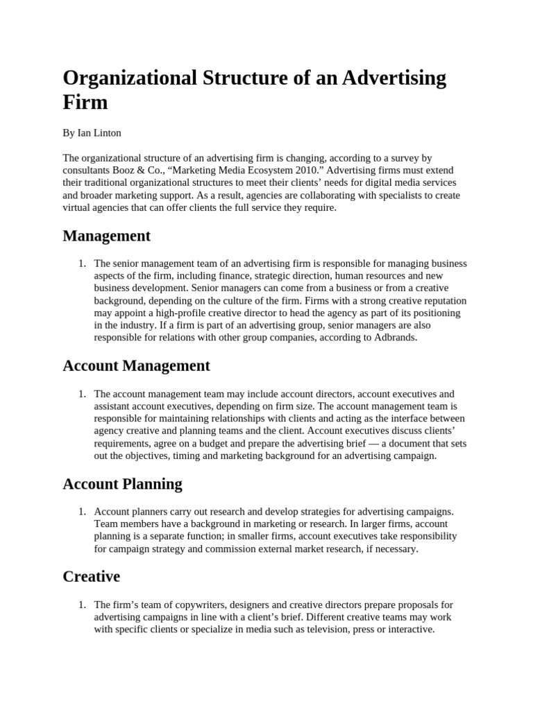 Organizational Structure of an Advertising Firm | PDF