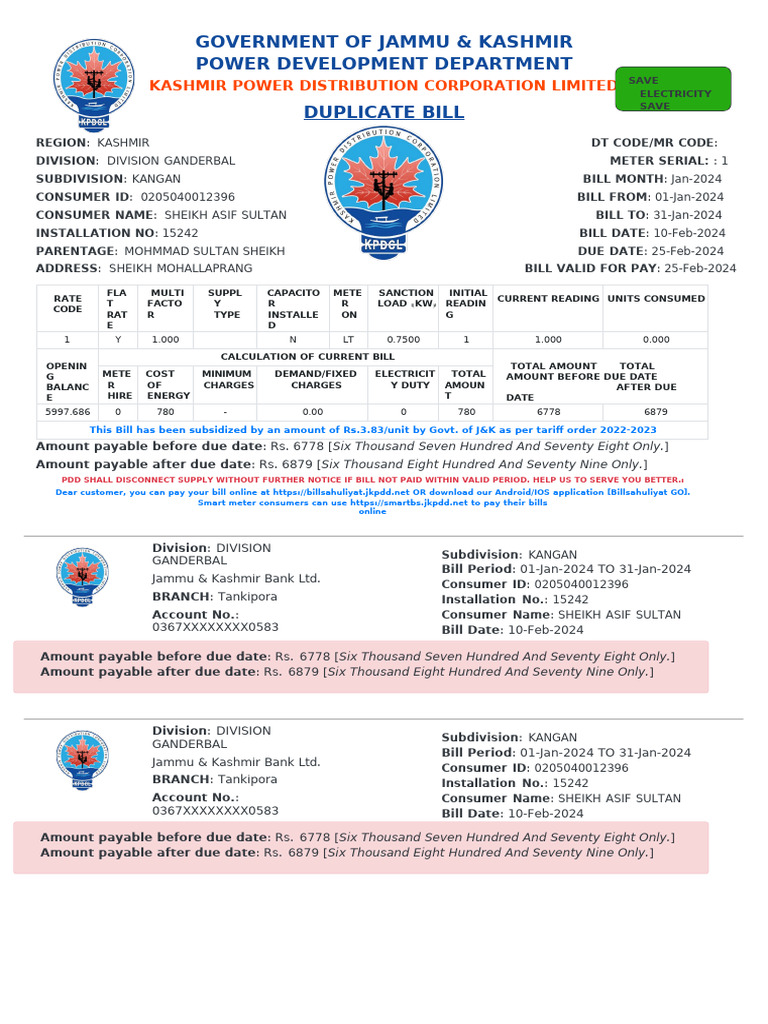 Government of Jammu & Kashmir Power Development Department Duplicate ...