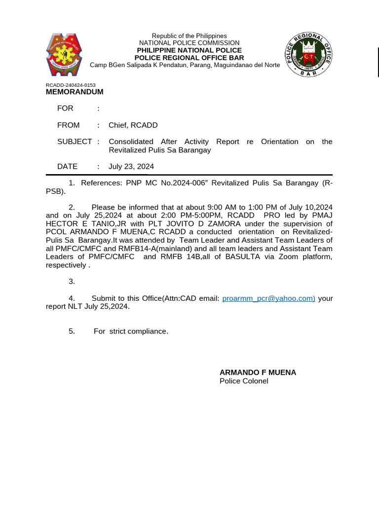 Memorandum: Philippine National Police Police Regional Office Bar | PDF