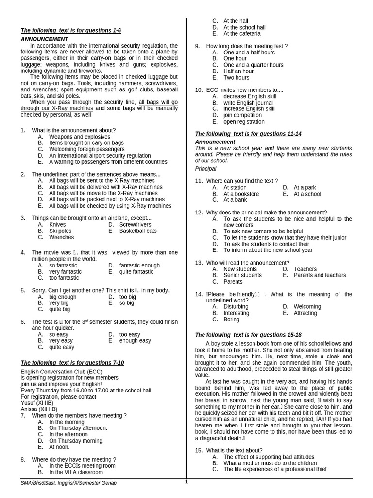 Soal Bahasa Dan Sastra Inggris Kelas 10 Semester 2 | PDF